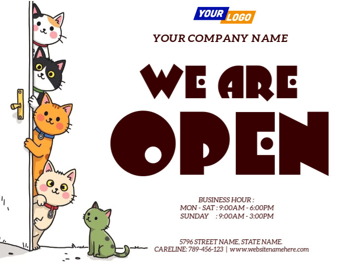 Plantilla de Cute Cat We Are Open Sign Template | PosterMyWall