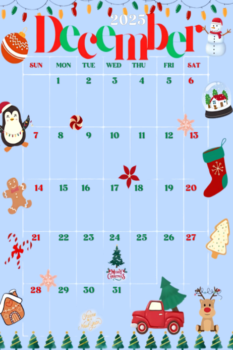 Cute December 202X Christmas Calendar Template | Printable Holiday ...