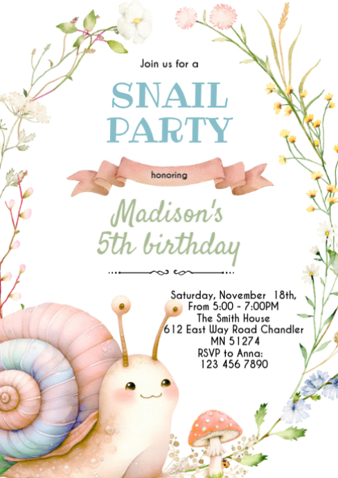 Cute snail birthday party invitation Template | PosterMyWall