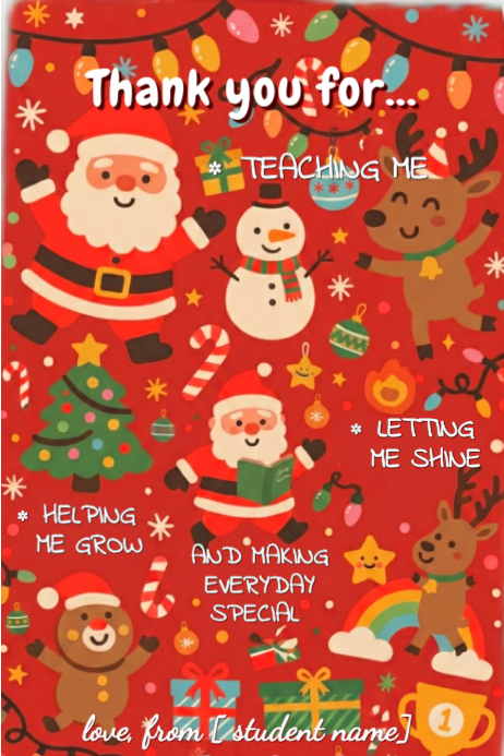 Cute Teacher Christmas Appreciation Card Template | PosterMyWall