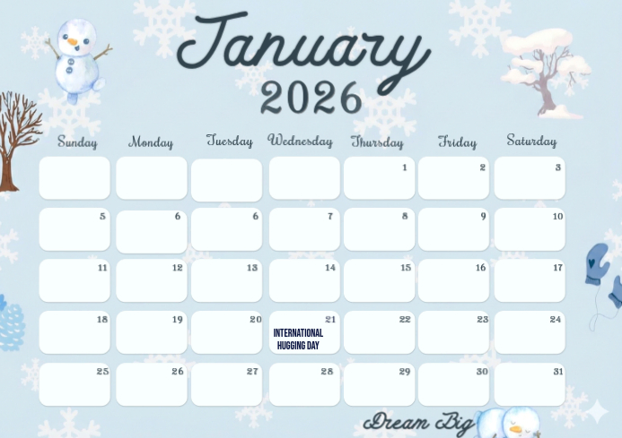Cute Watercolor January 2026 Calendar - Winter Snowman Planner Template ...