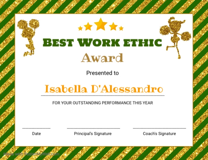 Green and gold cheerleading certificate (5) | PosterMyWall
