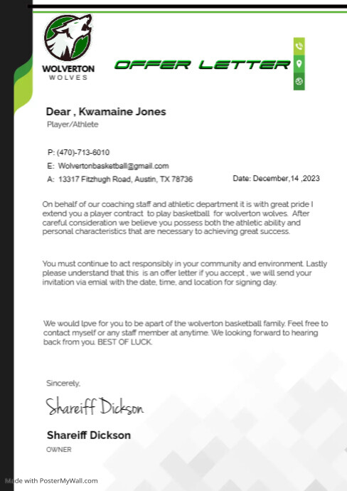 ww offer letter K.Jones (1) | PosterMyWall
