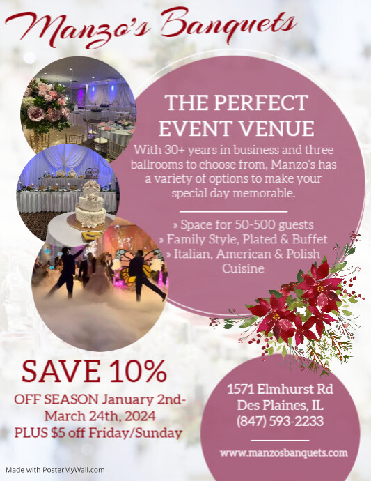 Pink and white wedding venue hire flyer | PosterMyWall