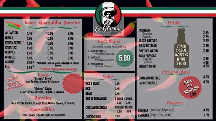 El General Taco Co. Menu | PosterMyWall