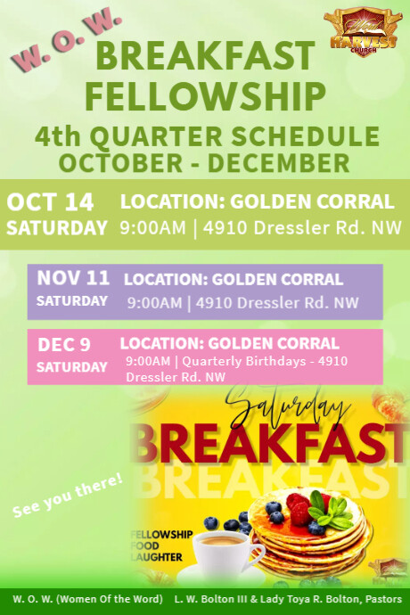 W.O.W. BREAKFAST SCHEDULE | PosterMyWall
