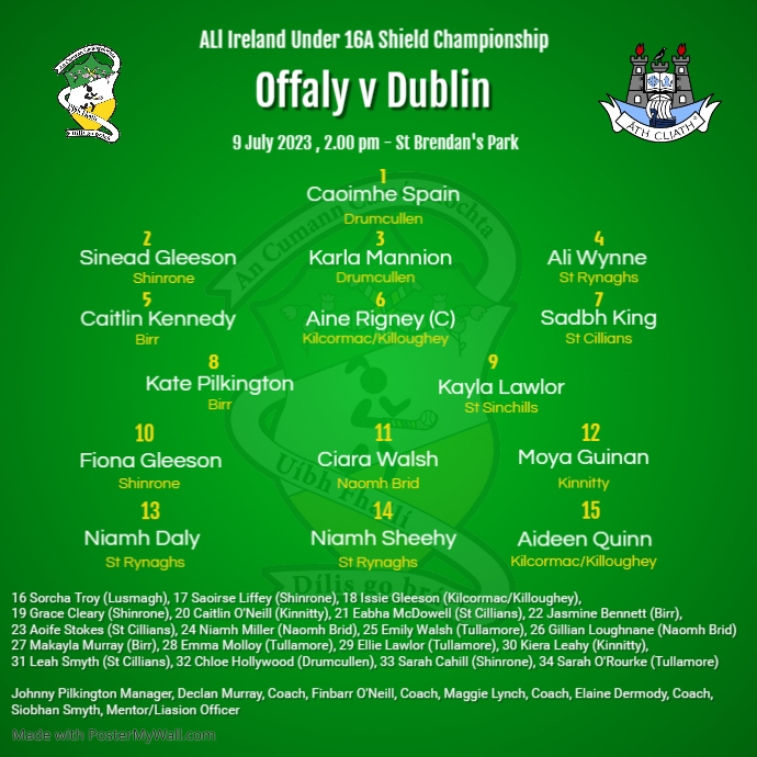 Copy of Offaly U16A team sheet - subs (3) | PosterMyWall