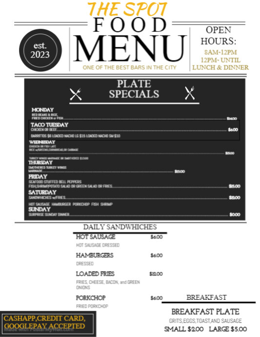 MENU FOR THE SPOT | PosterMyWall