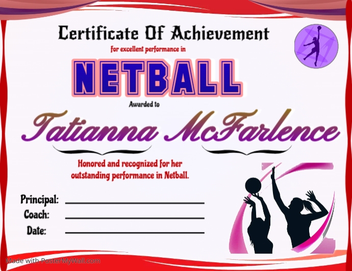 Netball Certificate of Achievement Template | PosterMyWall
