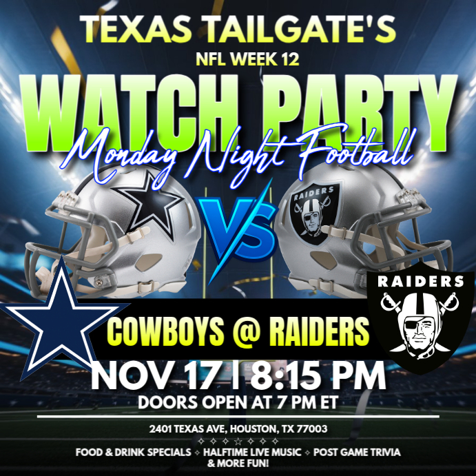 Dallas Cowboys @ Las Vegas Raiders- Watch Party Instagram Post Template ...