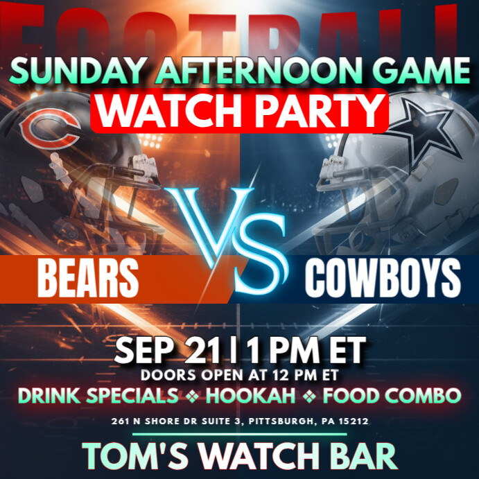 Dallas Cowboys @ Chicago Bears Watch Party Instagram Post Template ...