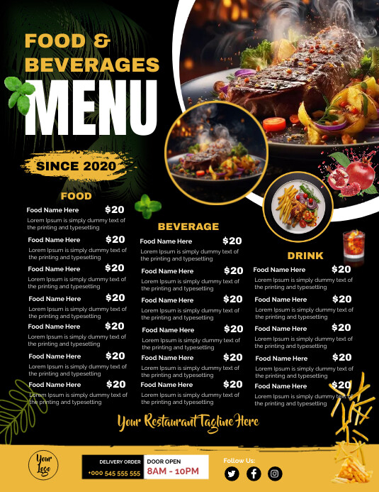 Dark and yellow restaurant food menu promoti Template | PosterMyWall