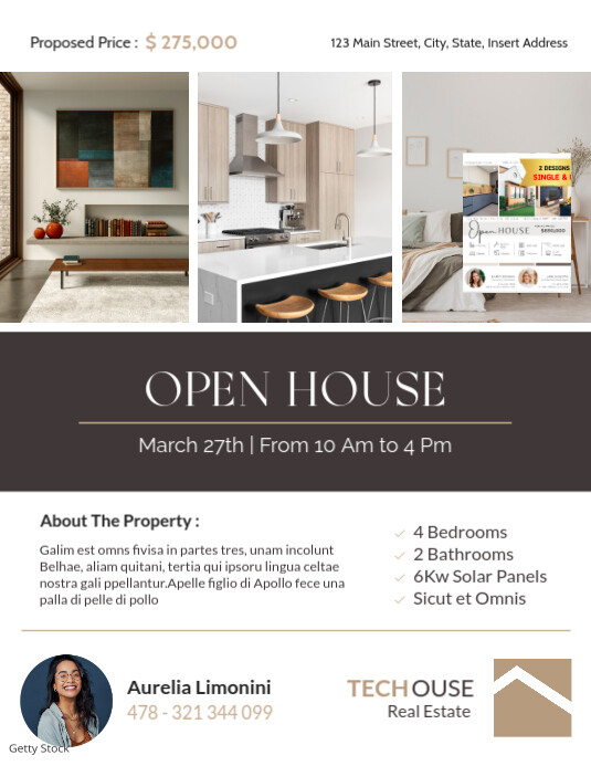 dark brown kaki and white open house advertising minimal template ...