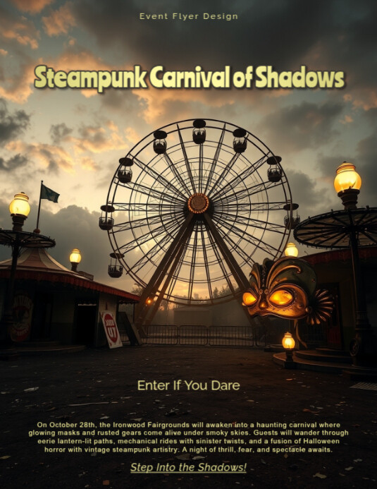 Dark steampunk carnival halloween flyer design template | PosterMyWall