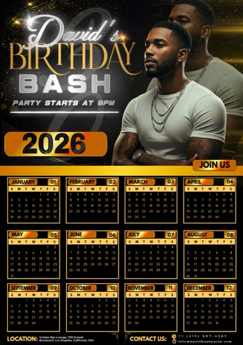 Modèle David’s Golden Birthday Bash 2026 Calendar | PosterMyWall