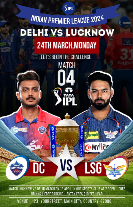 DC vs LSG ipl cricket match poster Template | PosterMyWall
