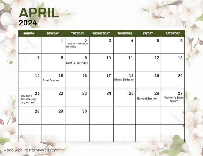 April 2024 Monthly Events Calendar | PosterMyWall