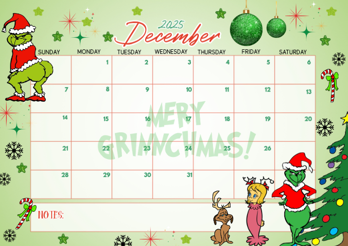 December Grinch Christmas 2025 Calendar Template | PosterMyWall