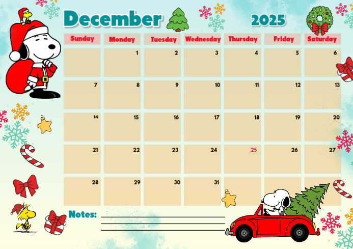 December Snoopy Christmas 2025 Calendar Template | PosterMyWall