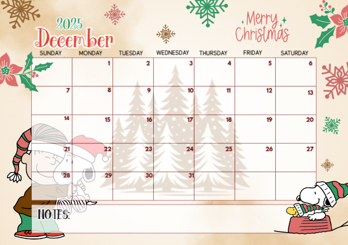 December Snoopy Christmas 2025 Calendar Template | PosterMyWall