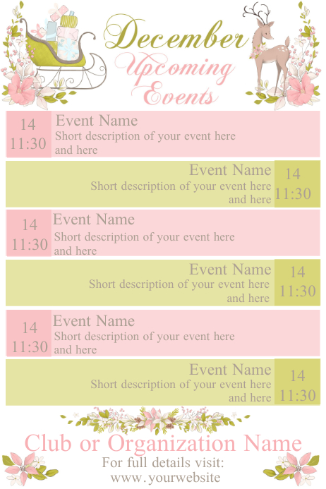 December Upcoming Events Reindeer Sled Floral Template | PosterMyWall