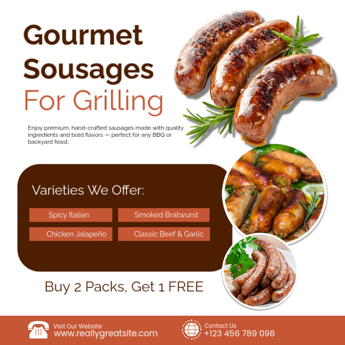 Delicious Gourmet Sausages for Grilling Promotion Template | PosterMyWall