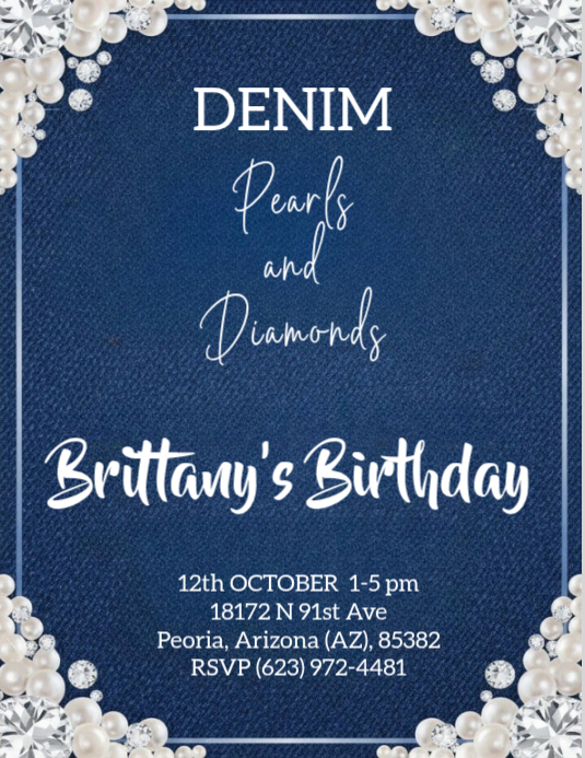 Denim Pearls and Diamonds Birthday invitation Template | PosterMyWall