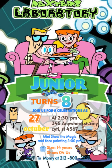 Dexter’s Laboratory invitation Brithday party temple boy celebration ...