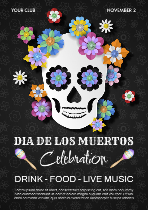dia de los muertos celebration poster with paper skull and flowers ...