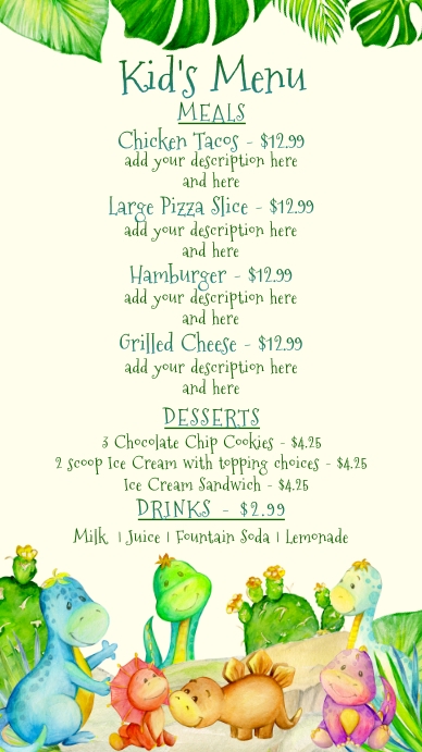 Copy of Dinosaur Kid's Menu with prices | PosterMyWall