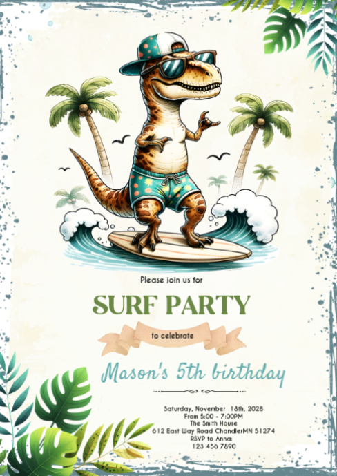 White Surf Party Birthday A6 Template | PosterMyWall