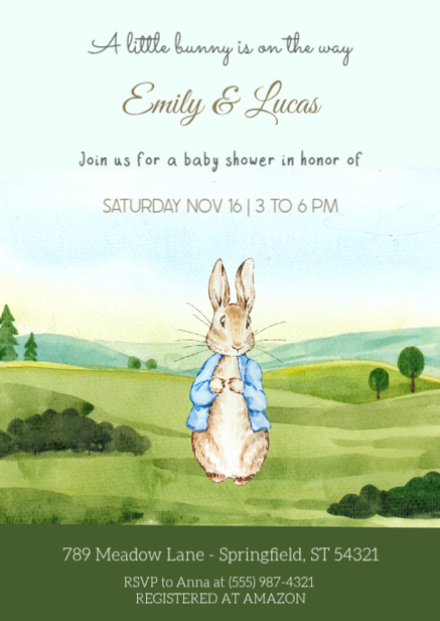 DITABLE Peter Rabbit Baby Shower Invitation Template | PosterMyWall