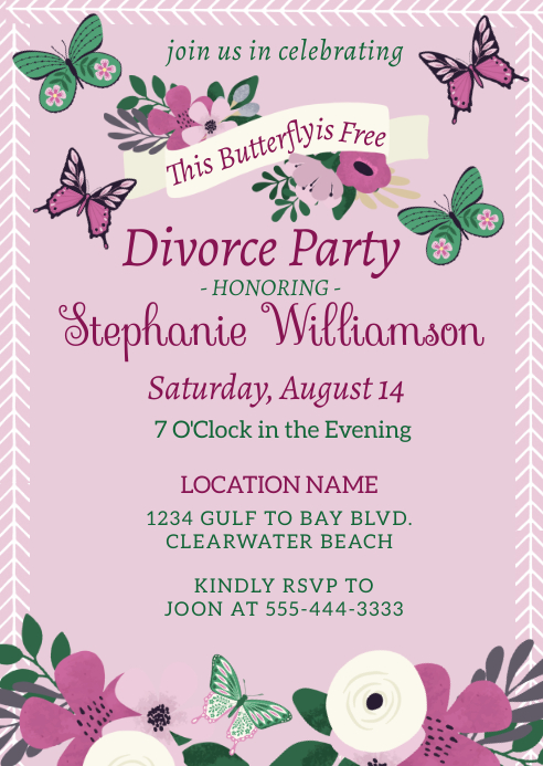 DIVORCE PARTY Pink Floral Butterfly Postcard Template | PosterMyWall