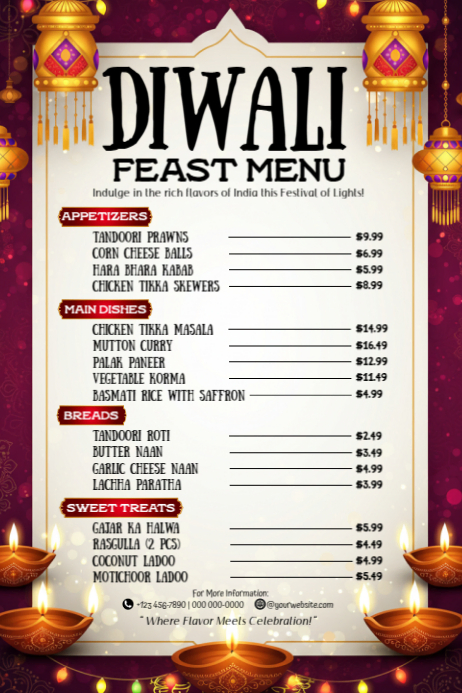 Diwali Feast Festival Menu Flyer Template | PosterMyWall
