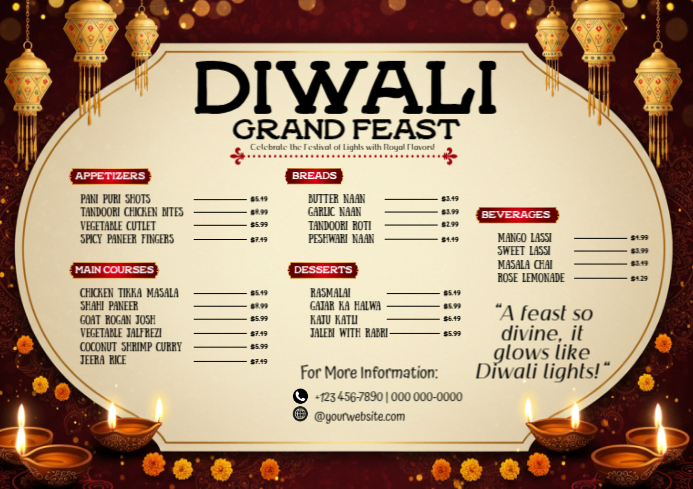 Diwali Grand Feast Menu Flyer Template | PosterMyWall