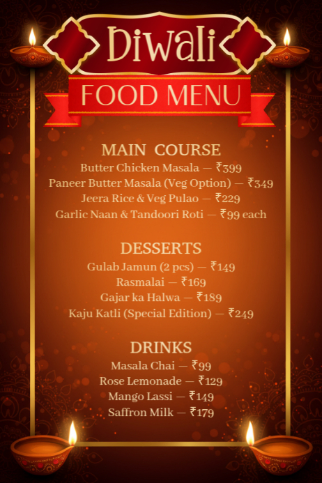 DIWALI SPECIALS FOOD MENU Template | PosterMyWall