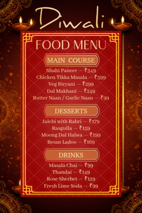 DIWALI SPECIALS FOOD MENU Template | PosterMyWall