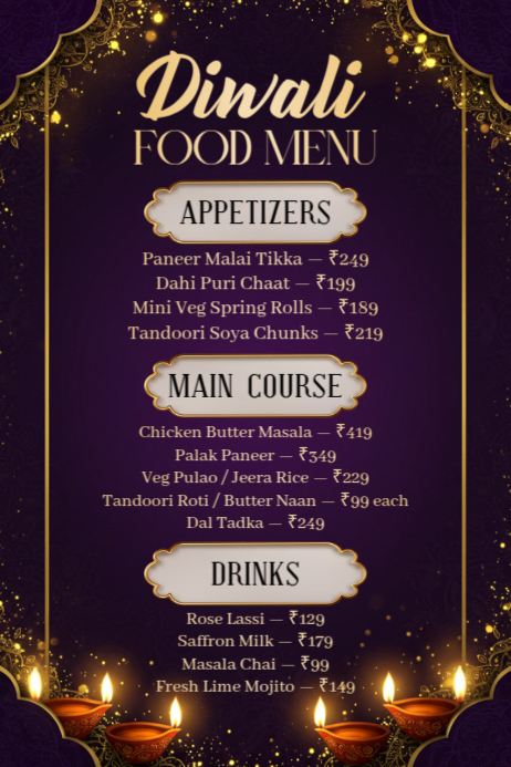 DIWALI SPECIALS FOOD MENU Template | PosterMyWall