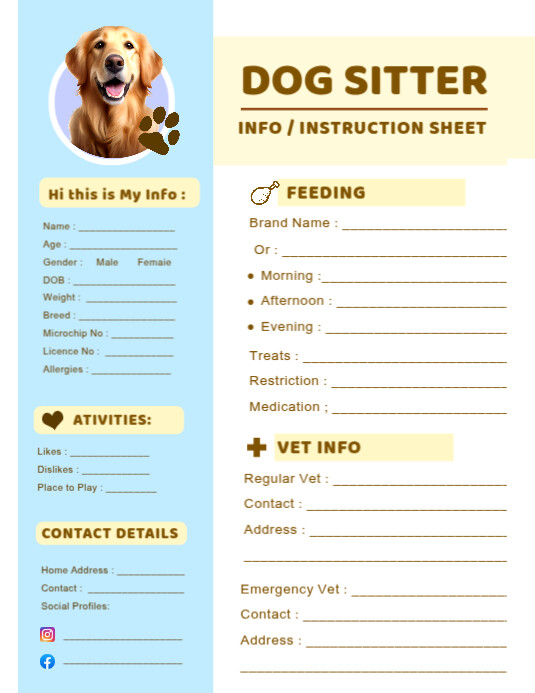 Dog sitter pet care instruction guide sheet feeding vet information ...