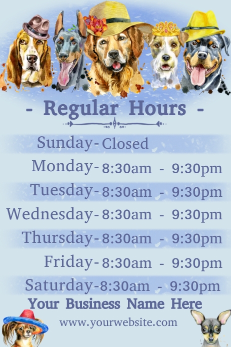 Plantilla de Dog Theme Store Hours Door Sign | PosterMyWall