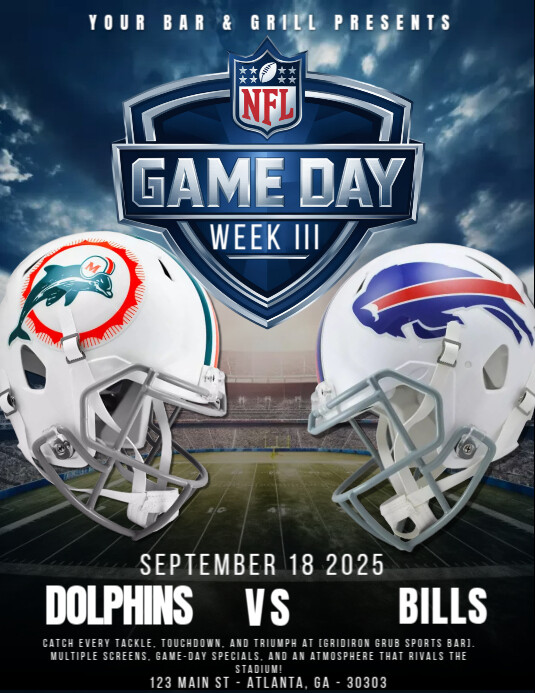dolphins vs bill. nfl gameday flyer. american football flyer. Template ...
