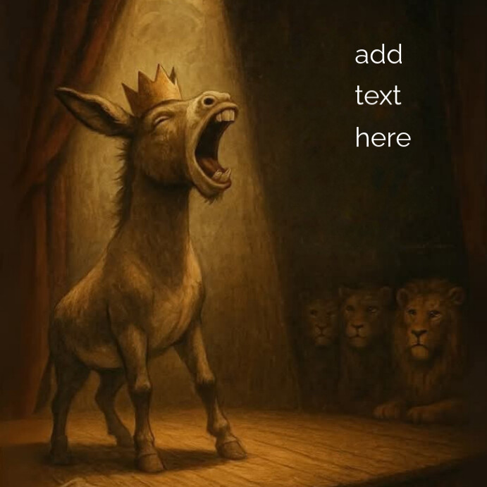 Donkey Wearing a Crown Roaring on Stage Before Lions Template | PosterMyWall