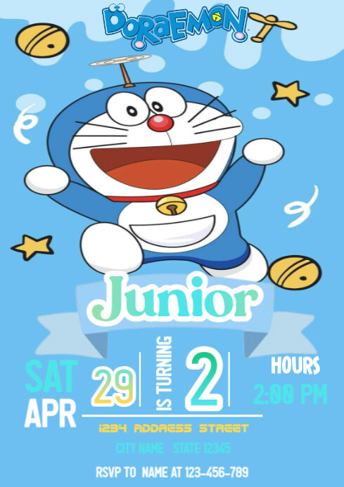 Doraemon invitation happy Brithday party temple flayer editablet ...