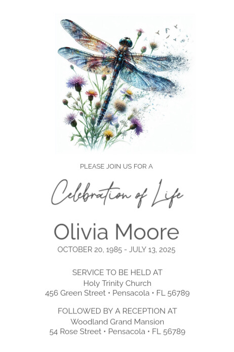 Plantilla de Dragonfly Funeral Celebrating The Life Invitation 4' × 6 ...