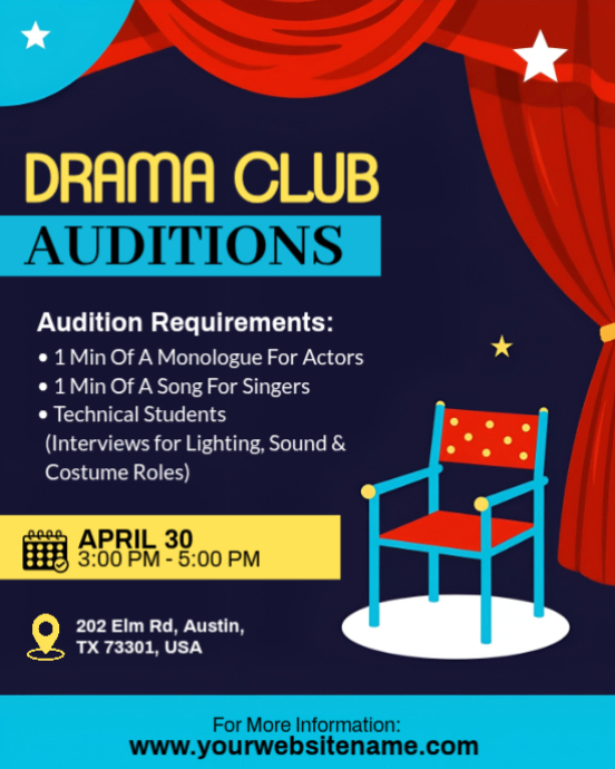Drama Club Auditions & Theater Play Casting Call Flyer Template ...