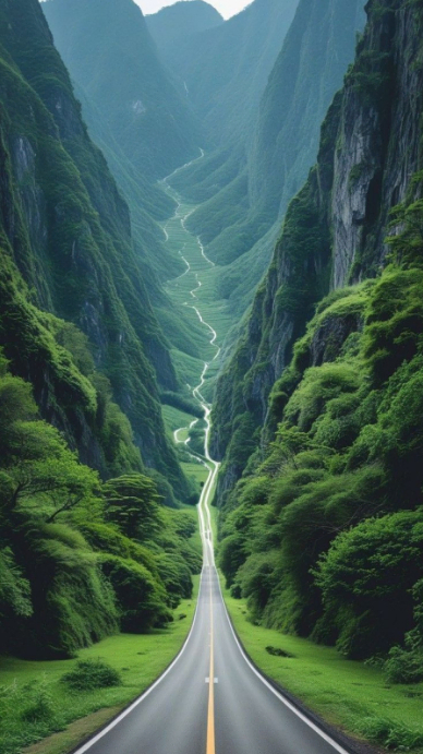 Plantilla de Dramatic Mountain Canyon Road Through Lush Green Valley ...