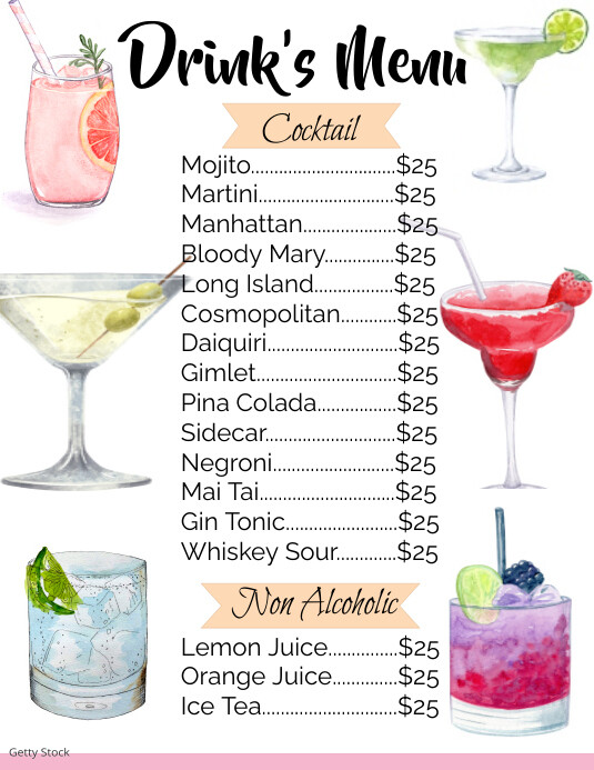 drink's menu cocktail non alcoholic Template | PosterMyWall