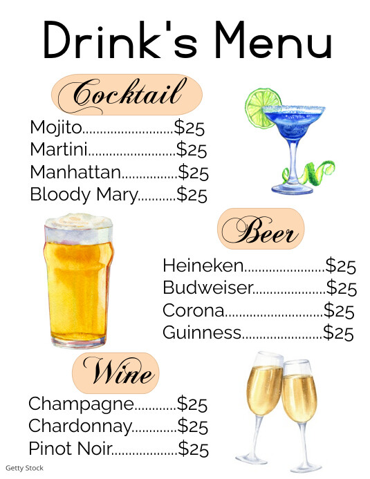 drinks menu cocktail beer wine Template | PosterMyWall