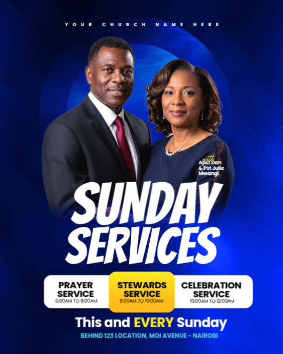 Dynamic Blue and Yellow Sunday Church Services Schedule Flyer Template ...