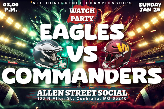 Dynamic Eagles vs. Commanders NFL Watch Party Poster Template | PosterMyWall
